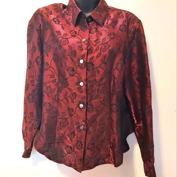 Alia | Tops | Alia Petites Womens Floral Button Down Blouse Black Red ...